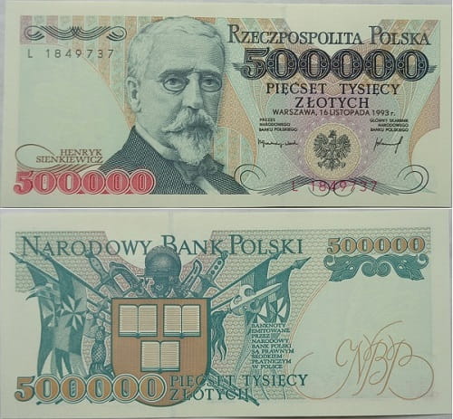 Banknot 500000 zł 1993 r. Henryk Sienkiewicz stan 1 cena | Coin24.pl